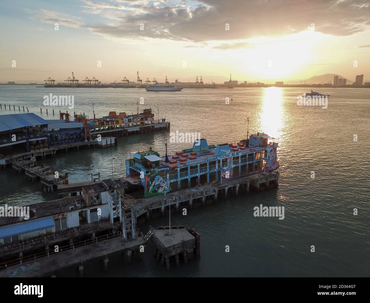 Georgetown, Penang/Malaysia - Feb 28 2020: Aerial view ferry at ...
