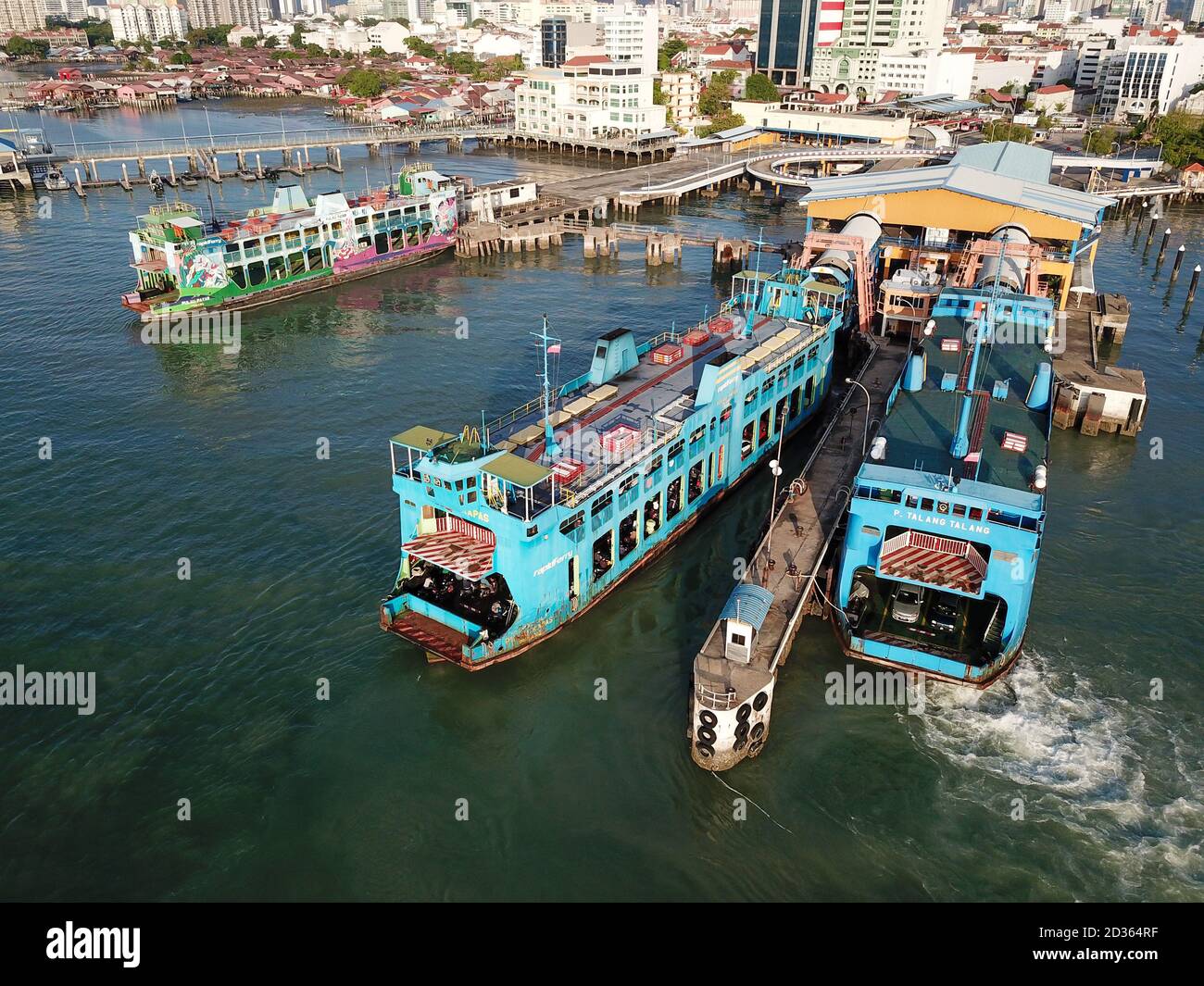 Georgetown, Penang/Malaysia - Feb 28 2020: Aerial view ferry in morning ...