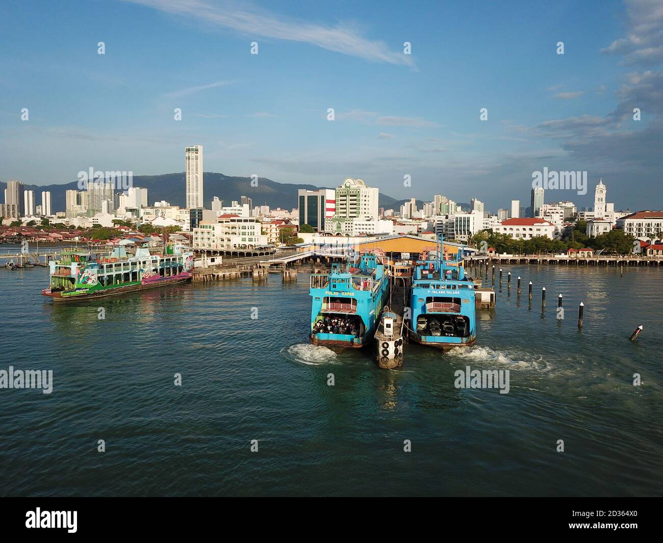 Georgetown, Penang/Malaysia - Feb 28 2020: Aerial view two ferry at ...