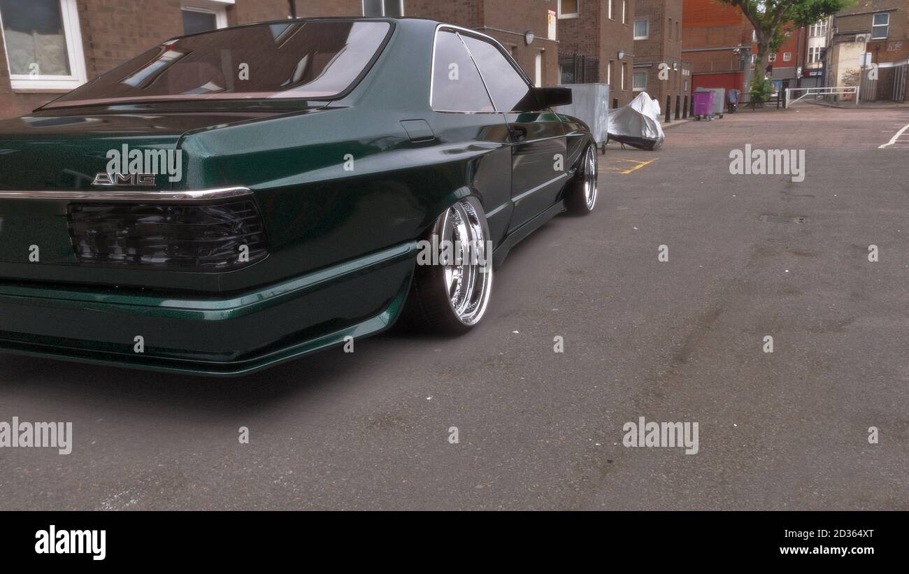 GREEN CAR RENDER NEAR BUILDING REAR VIEW Stock Photo - Alamy