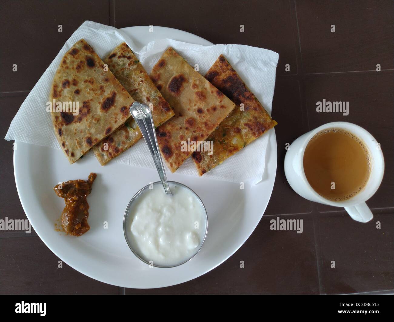 Tasty Indian breakfast, Parathas with curd and tea, Indian Breakfast ...