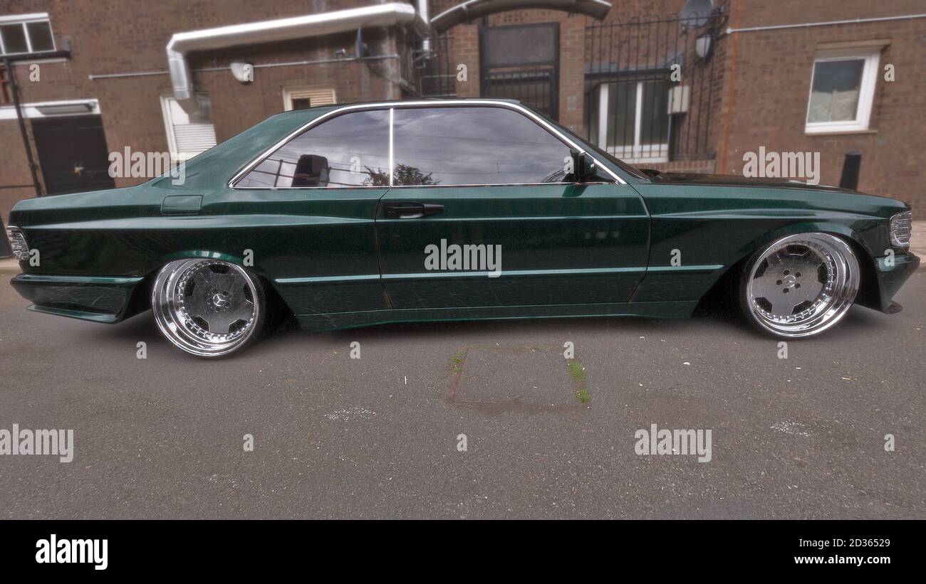 GREEN CAR RENDER SIDE VIEW Stock Photo - Alamy