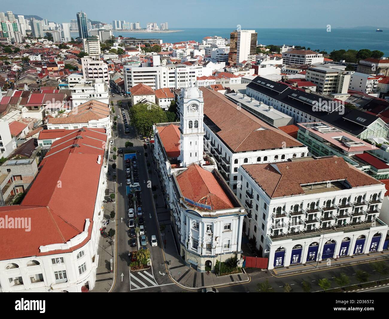 Georgetown, Penang/Malaysia - Feb 28 2020: Aerial view clock tower ...