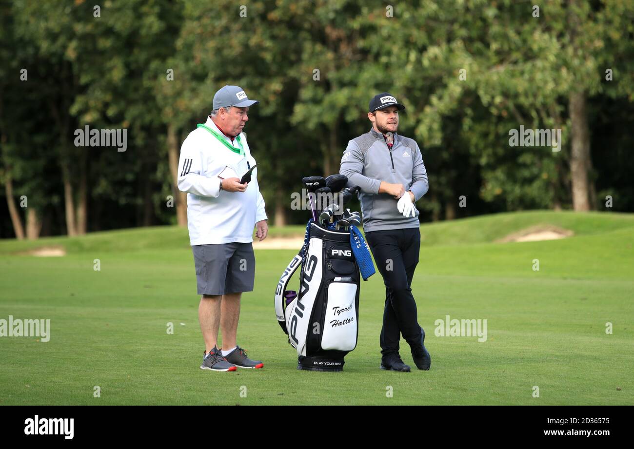 England's Tyrrell Hatton (right) during the preview day for the BMW PGA ...