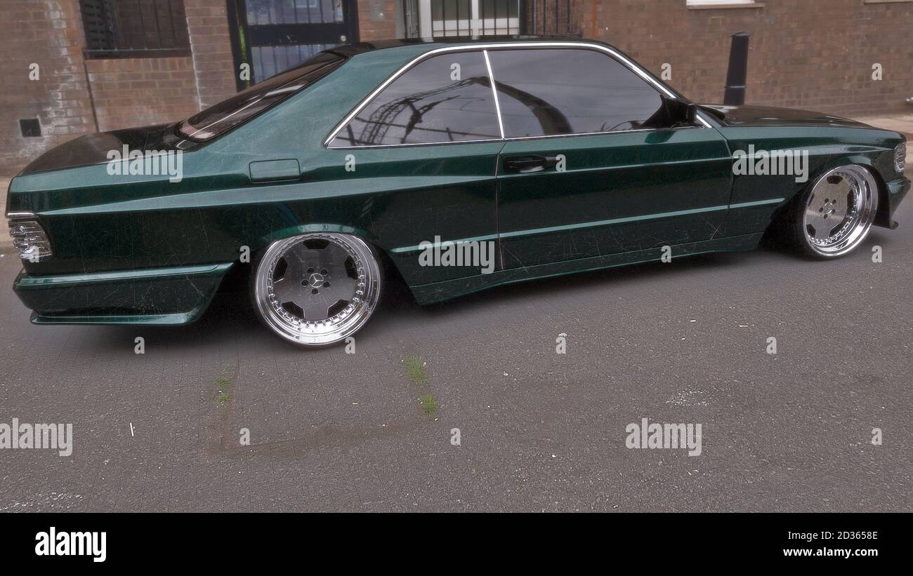GREEN CAR RENDER SIDE NEAR BUILDING Stock Photo - Alamy