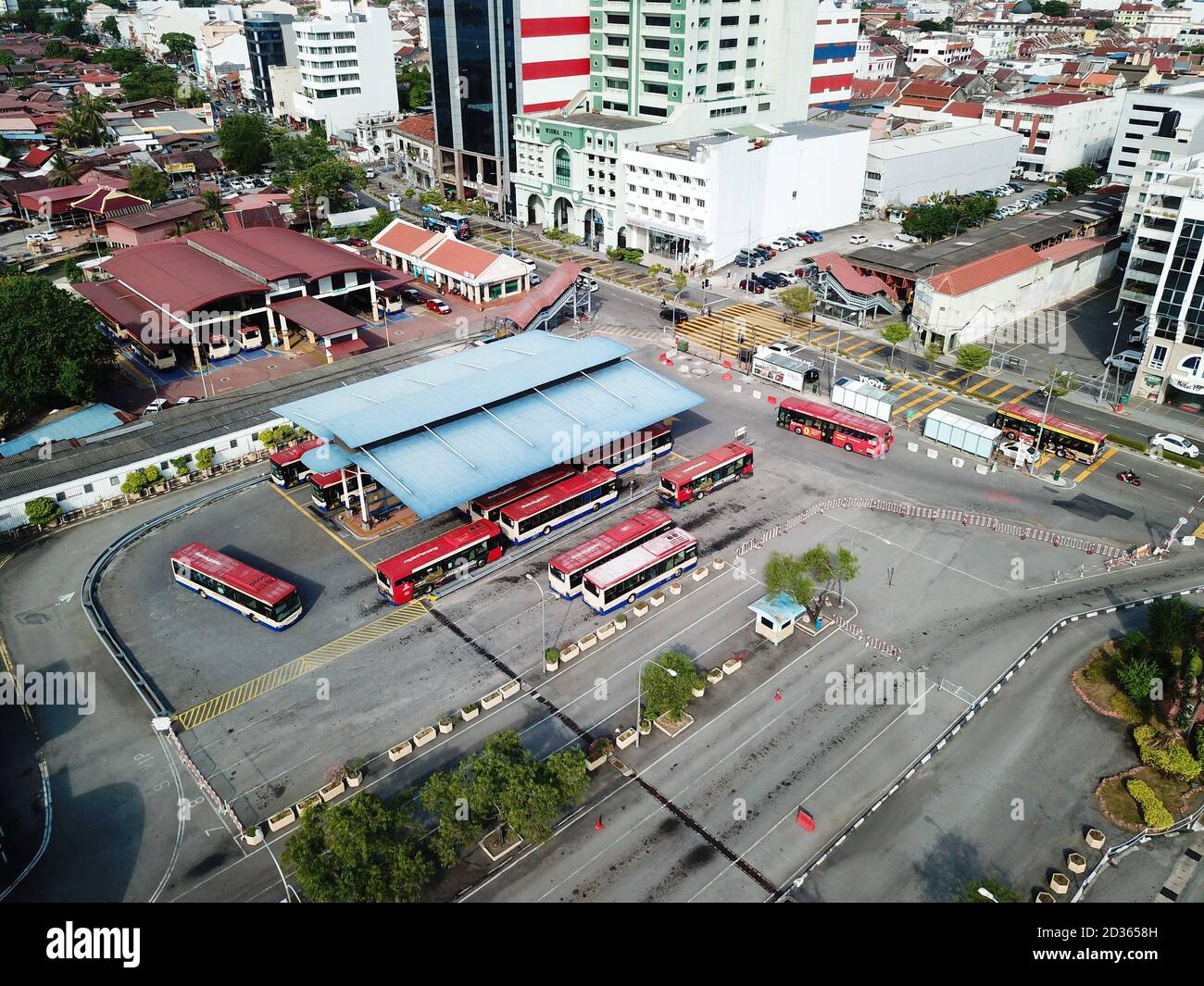 Georgetown, Penang/Malaysia - Feb 28 2020: Aerial view bus station at ...