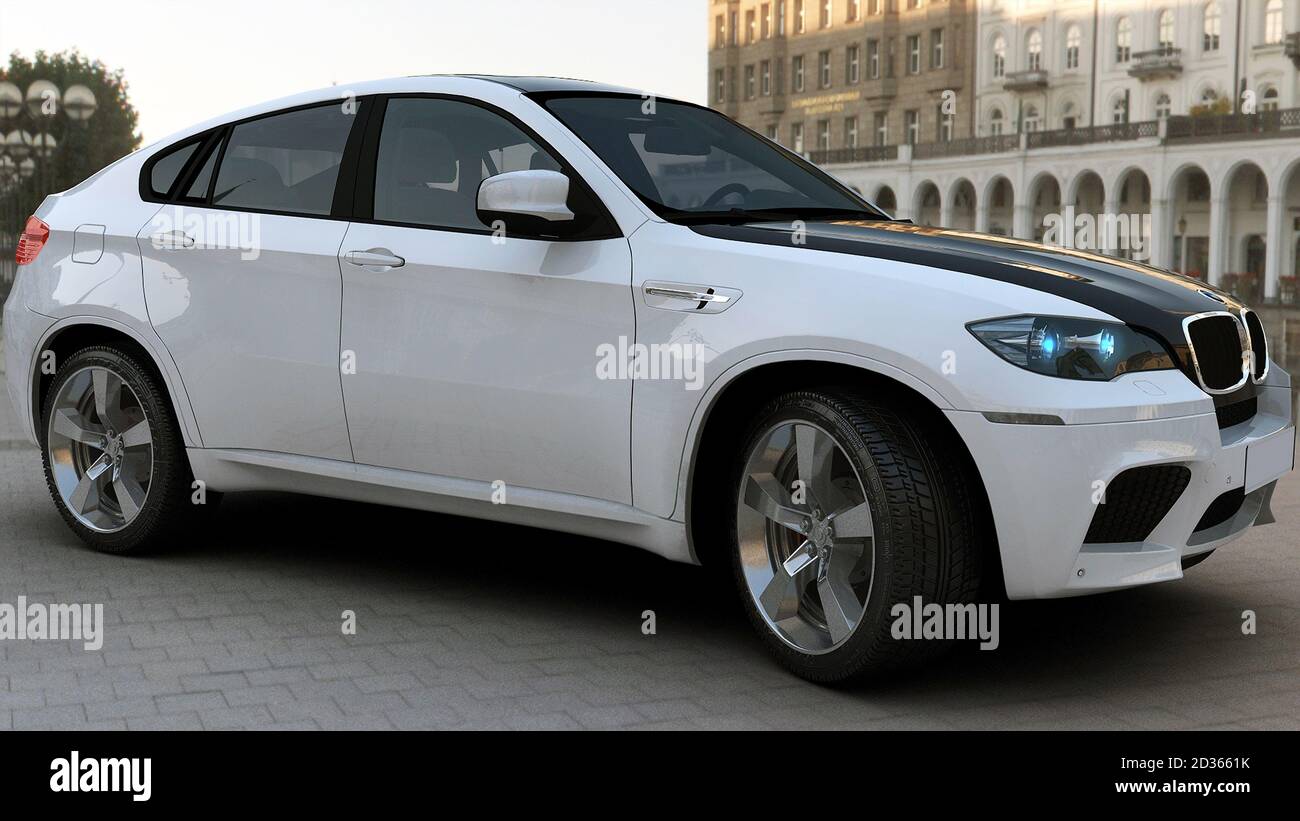 WHITE CAR RENDERED FROM FRONT ANGLE AT SQUARE Stock Photo - Alamy
