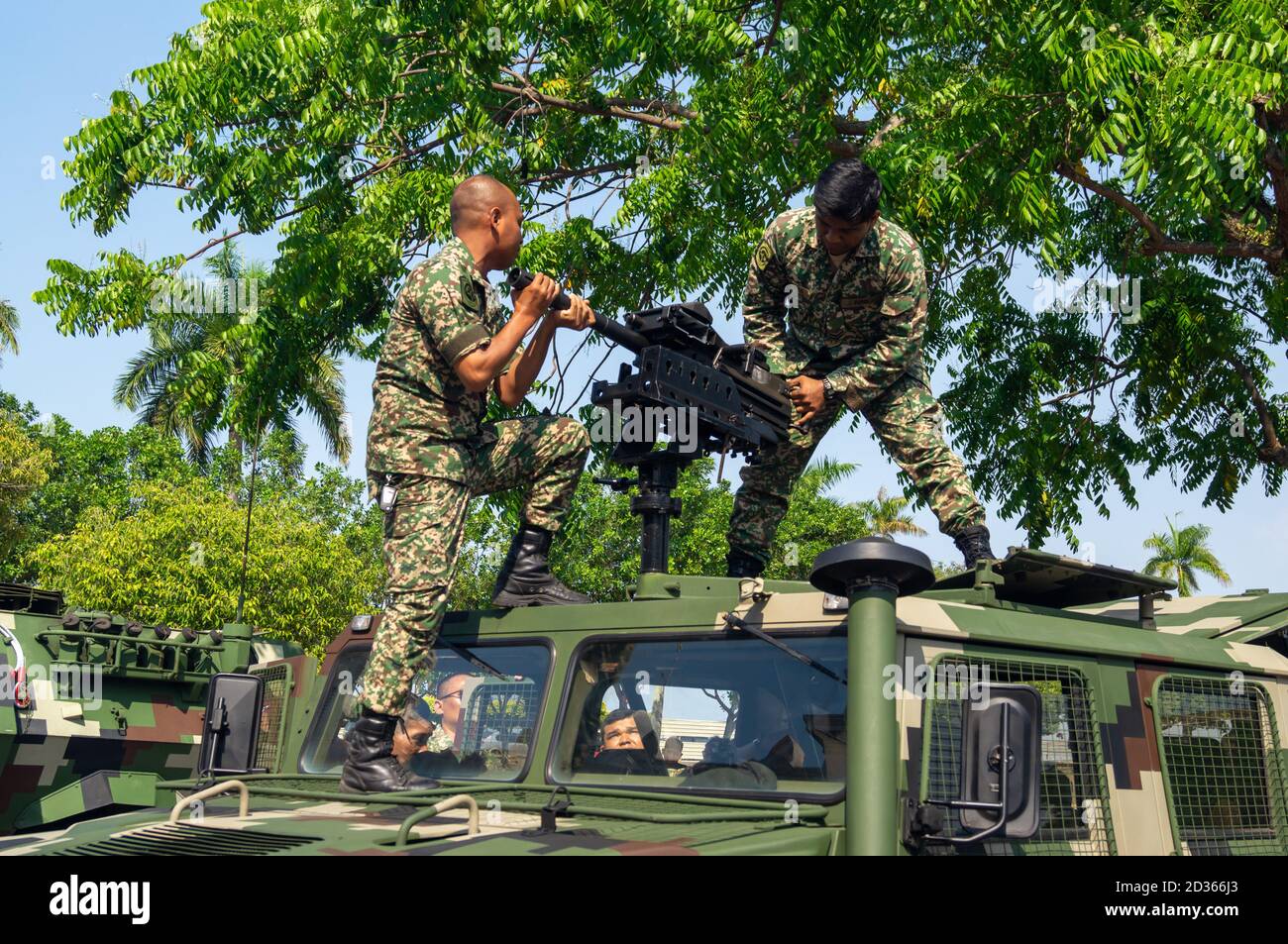Georgetown, Penang/Malaysia - Feb 29 2020: Soldier setting the machine ...