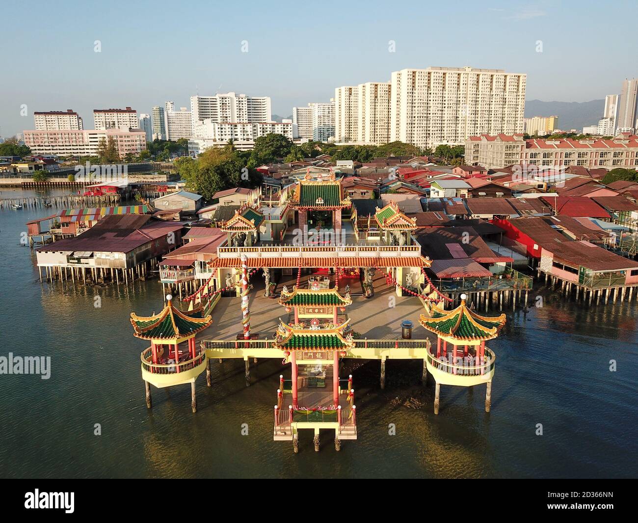 Georgetown, Penang/Malaysia - Feb 29 2020: Aerial view floating temple ...