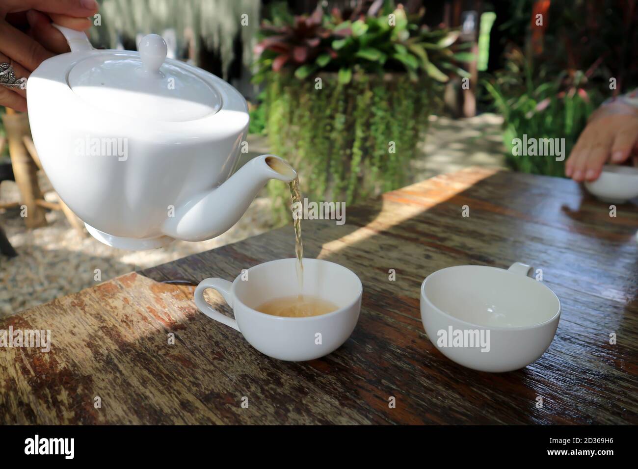 tea cup and tea pot on the table, pouring tea Stock Photo - Alamy