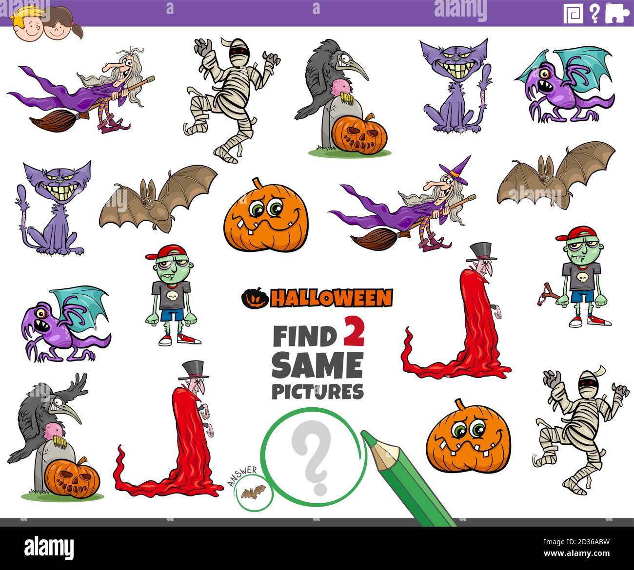 Cartoon Illustration of Finding Two Same Pictures Educational Task for ...
