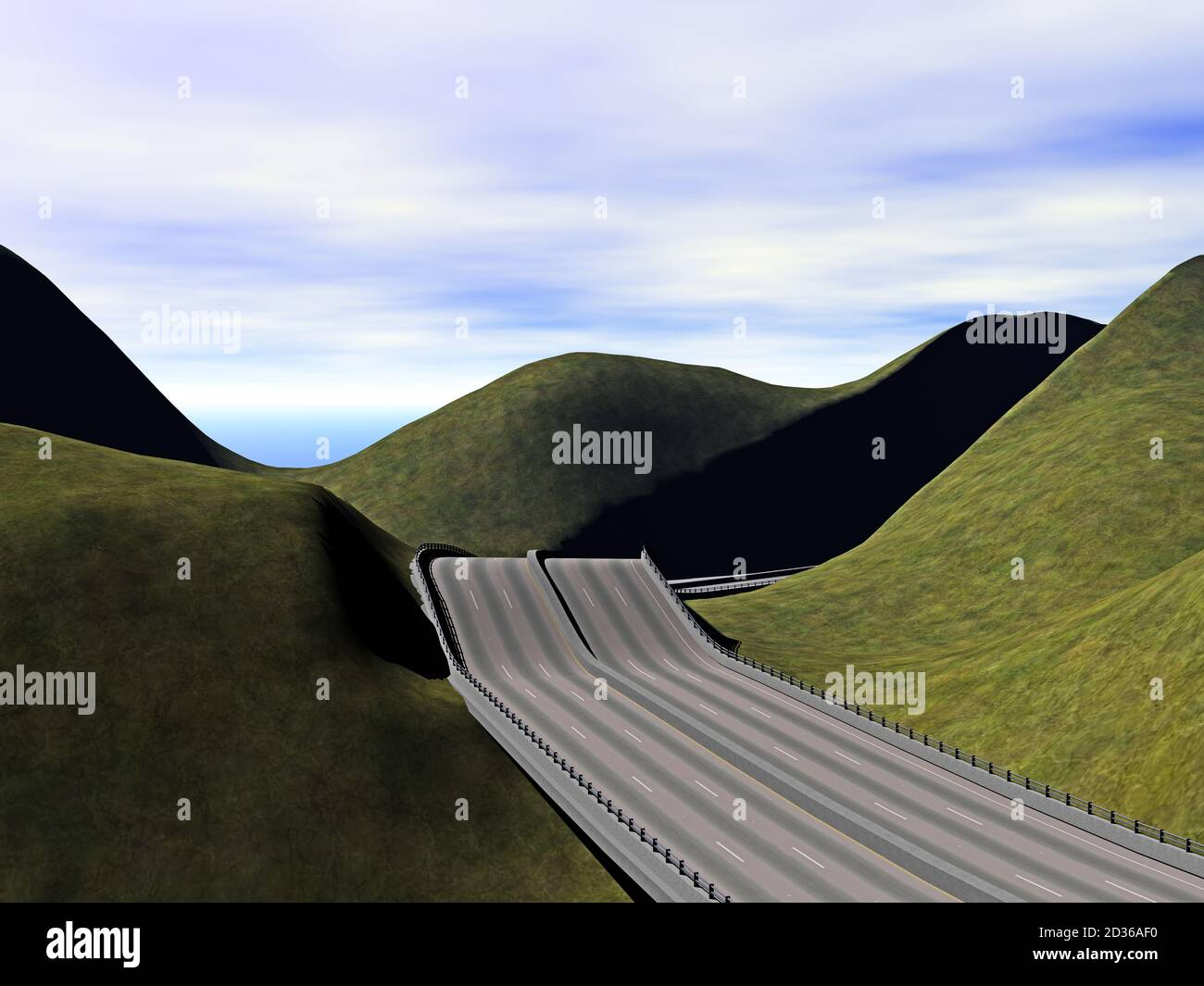 wide road runs through the hilly landscape Stock Photo - Alamy
