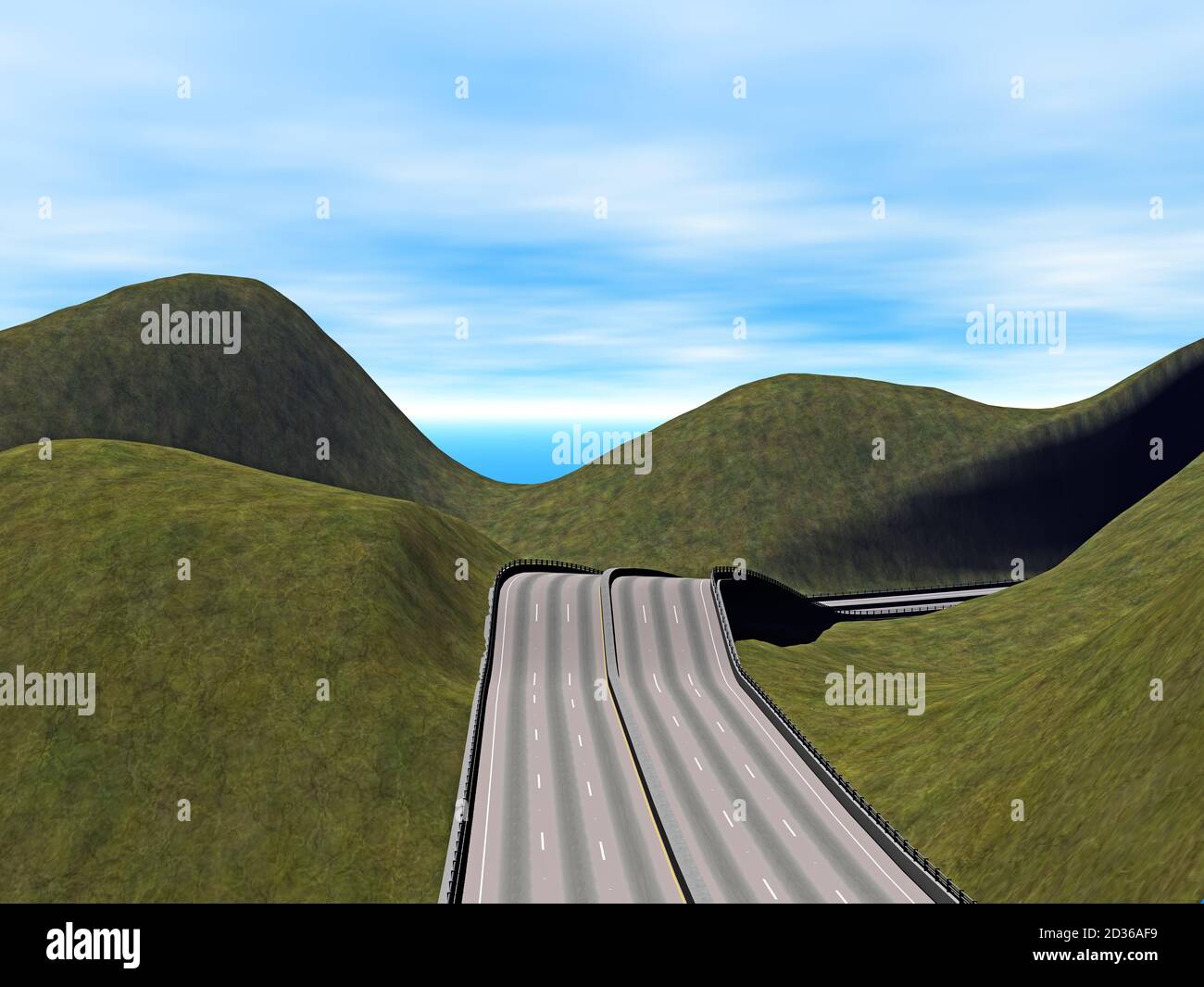 wide road runs through the hilly landscape Stock Photo - Alamy