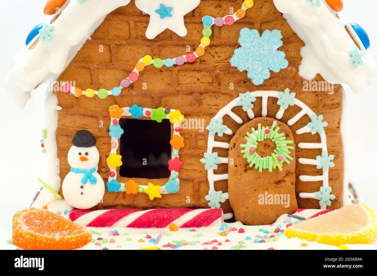 gingerbread house with snowman closeup Stock Photo - Alamy
