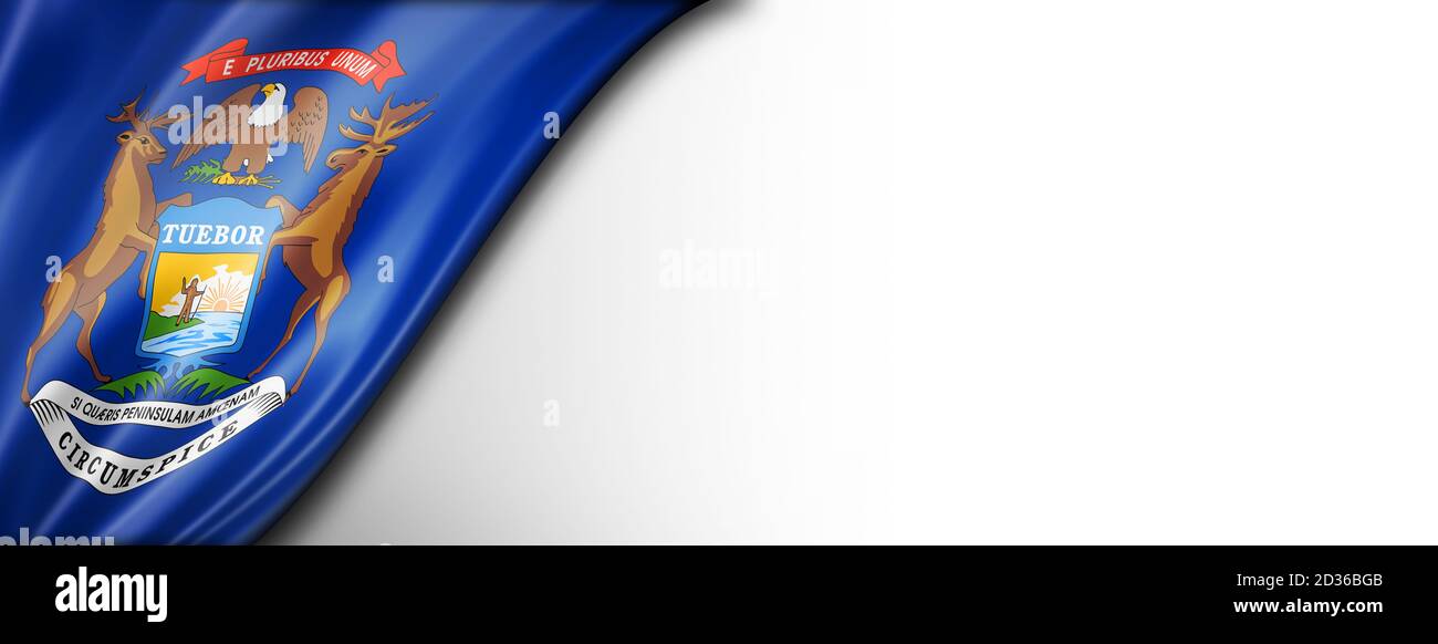Michigan flag on white wall banner, USA. 3D illustration Stock Photo ...