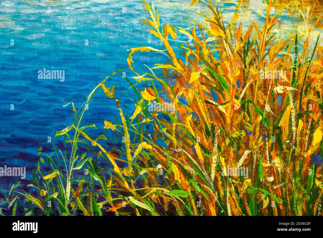 Painting with acrylics bright autumn reed cattail and blue autumn river ...
