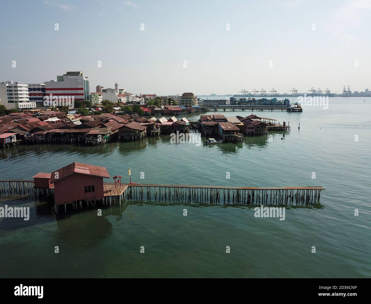 Georgetown, Penang/Malaysia - Mar 17 2020: Drone view clan jetty wooden ...