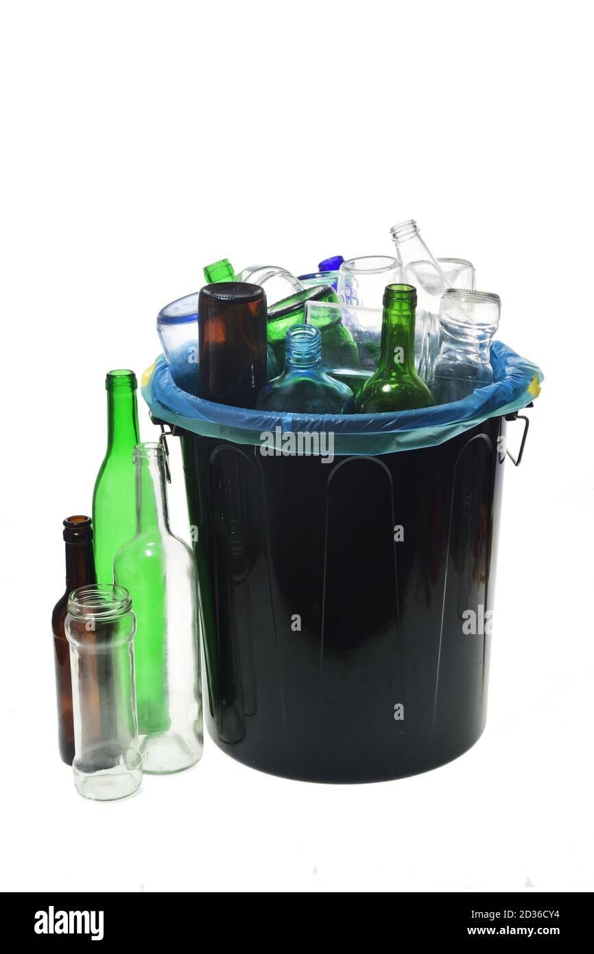 group of garbage and jars can with bottles for recycling on white ...