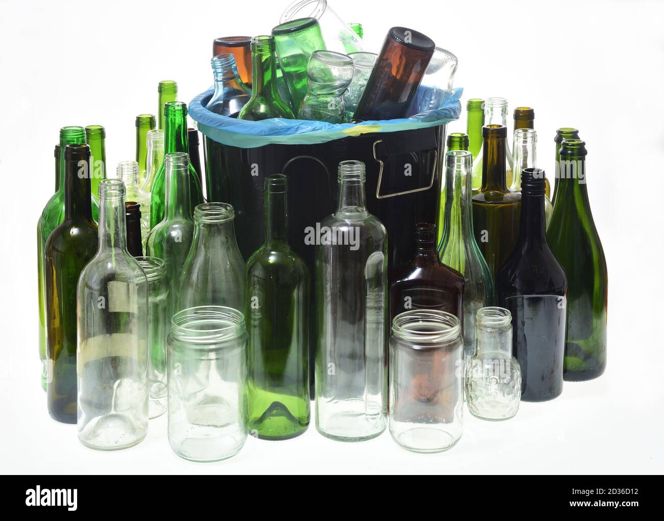 large group of garbage and jars can with bottles for recycling on white ...