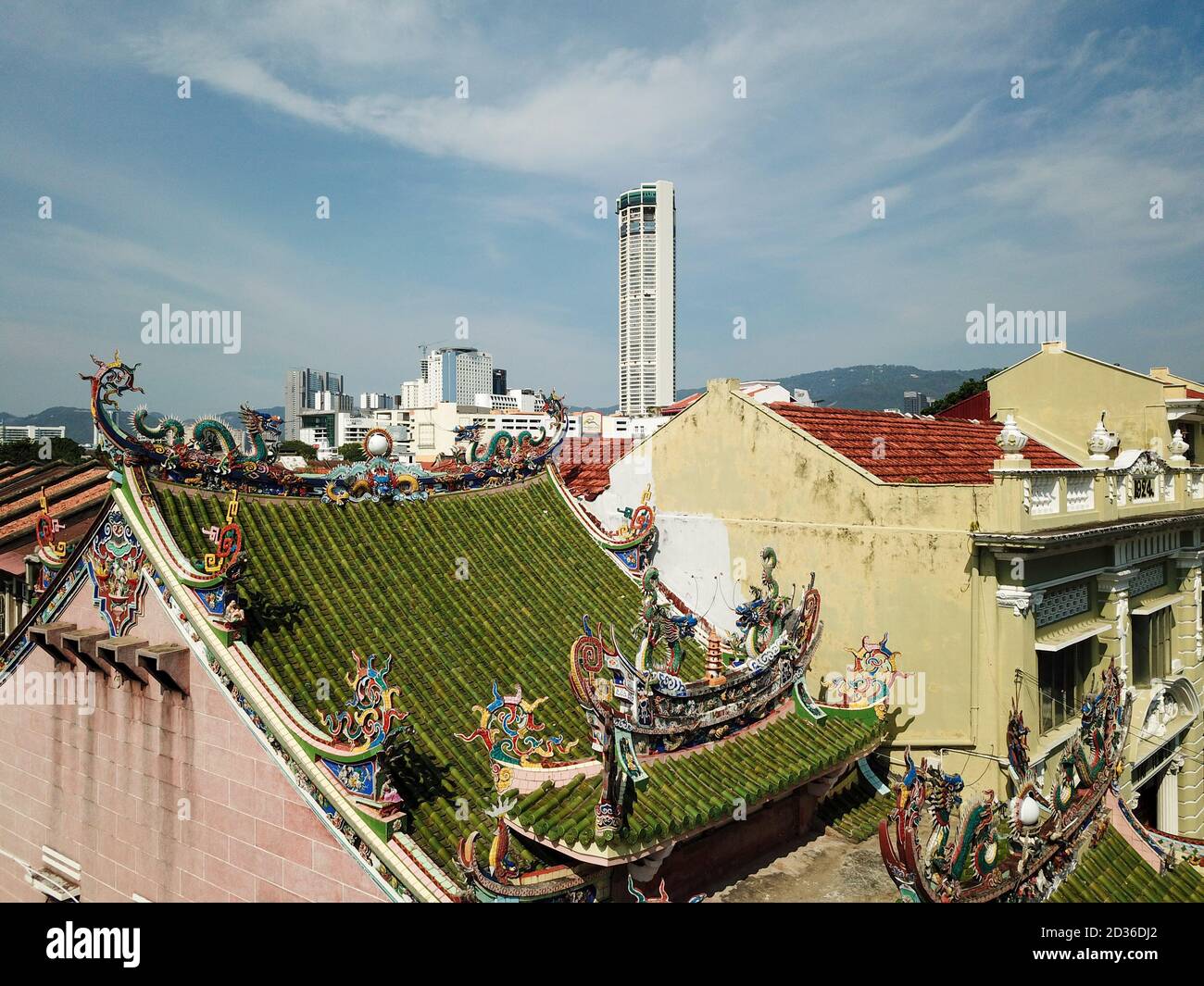 Georgetown, Penang/Malaysia - Mar 17 2020: Aerial view colorful rooftop ...