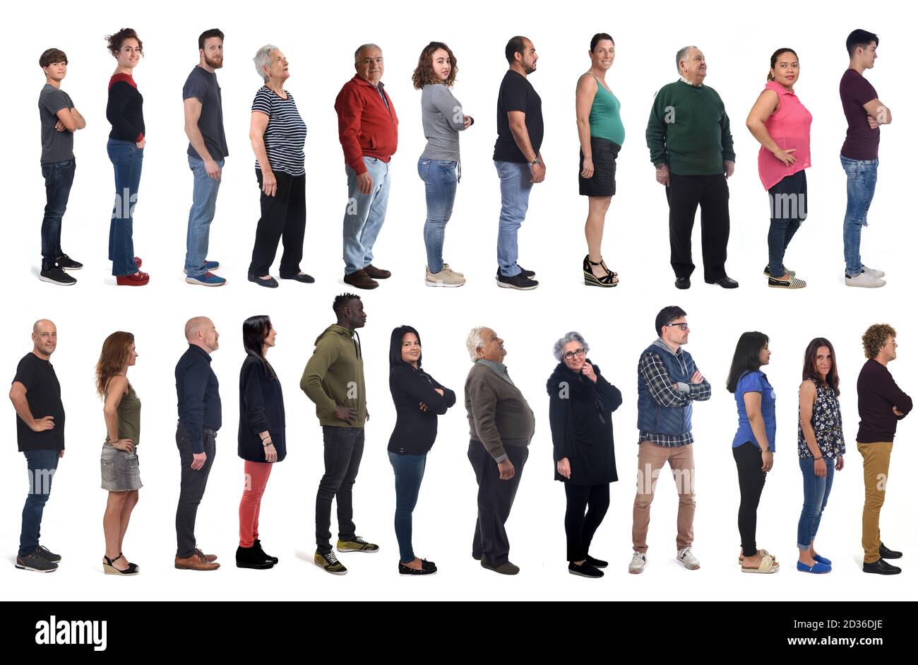 large group of mixed people on white background, side view Stock Photo ...