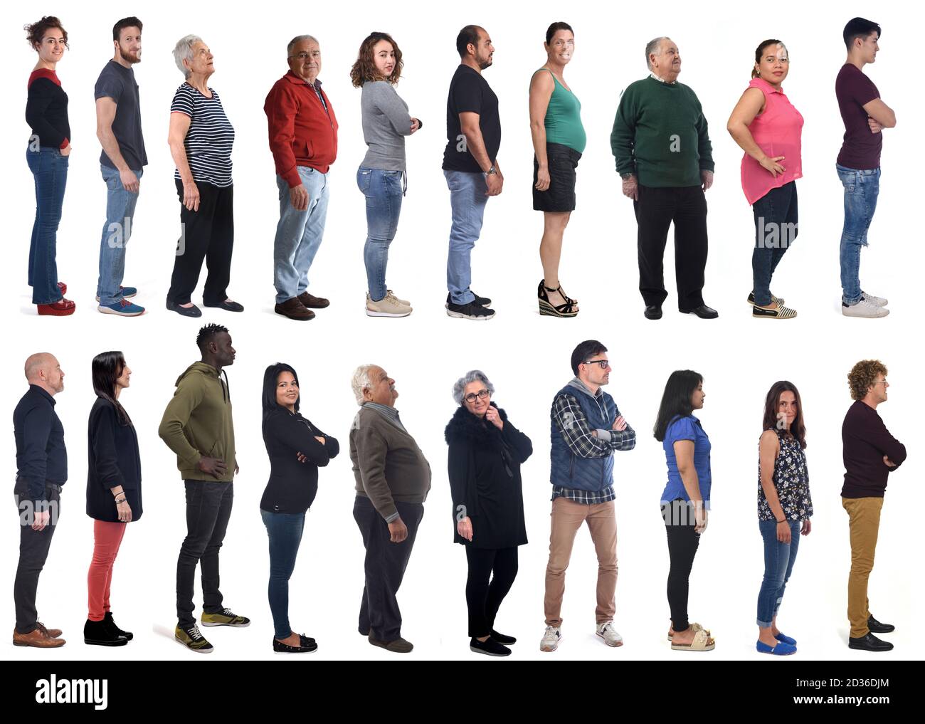 large group of mixed people on white background, side view Stock Photo ...