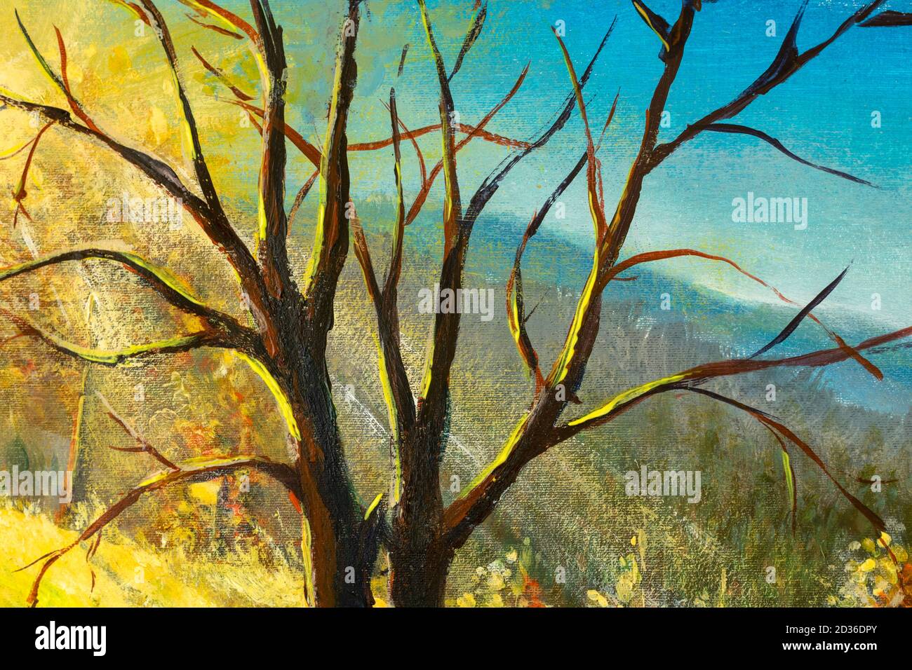 Branches of a tree without leaves on a background of autumn mountains ...