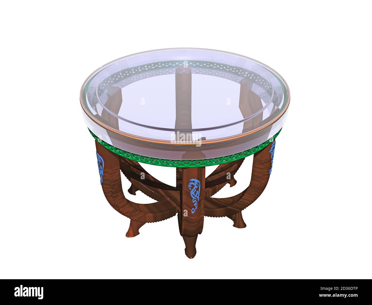 round glass table with wooden feet Stock Photo - Alamy