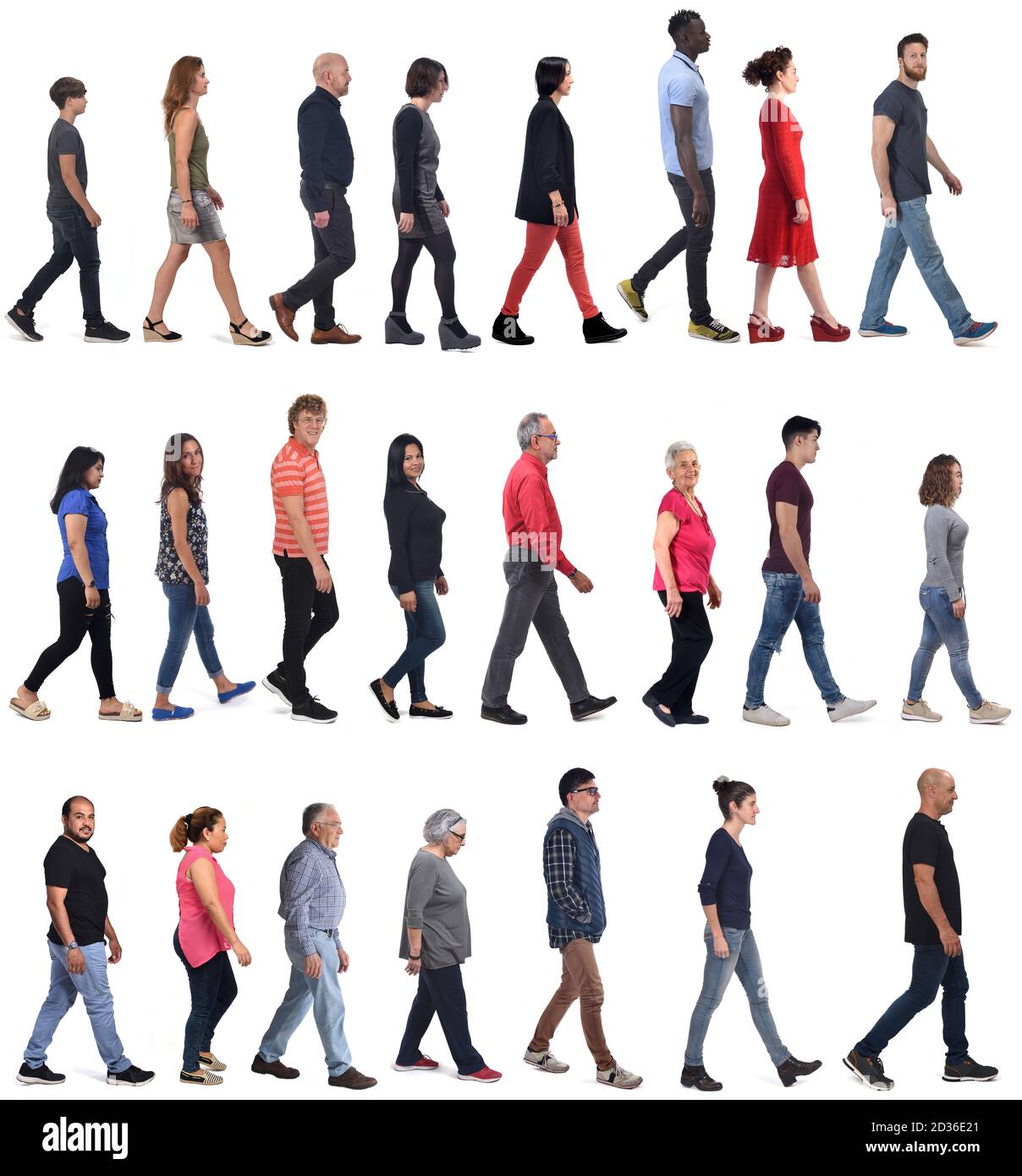 large group of mixed people walking on white background Stock Photo - Alamy