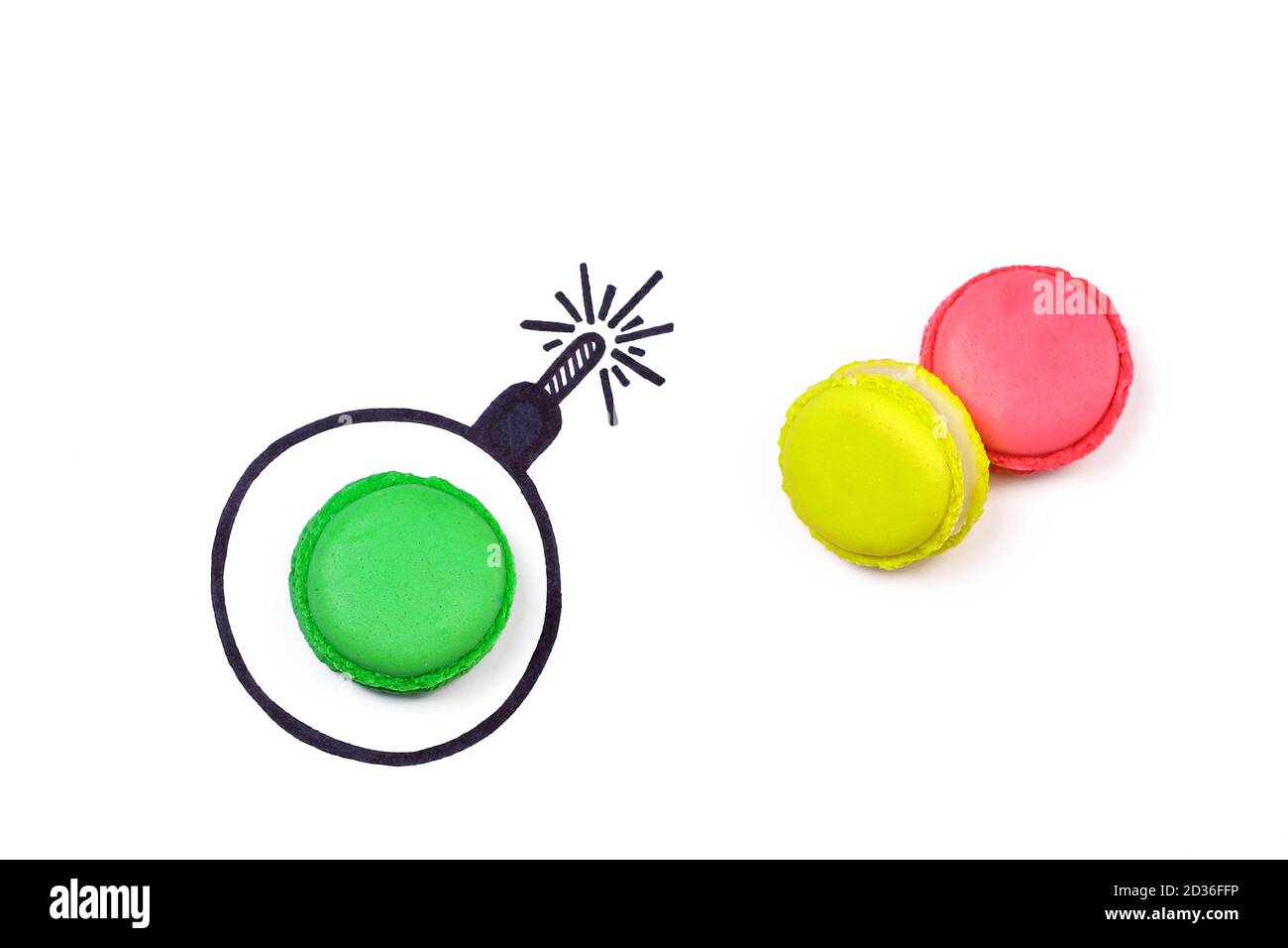 Sweet bomb. Different color macaroons and hand drawn bomb on white ...