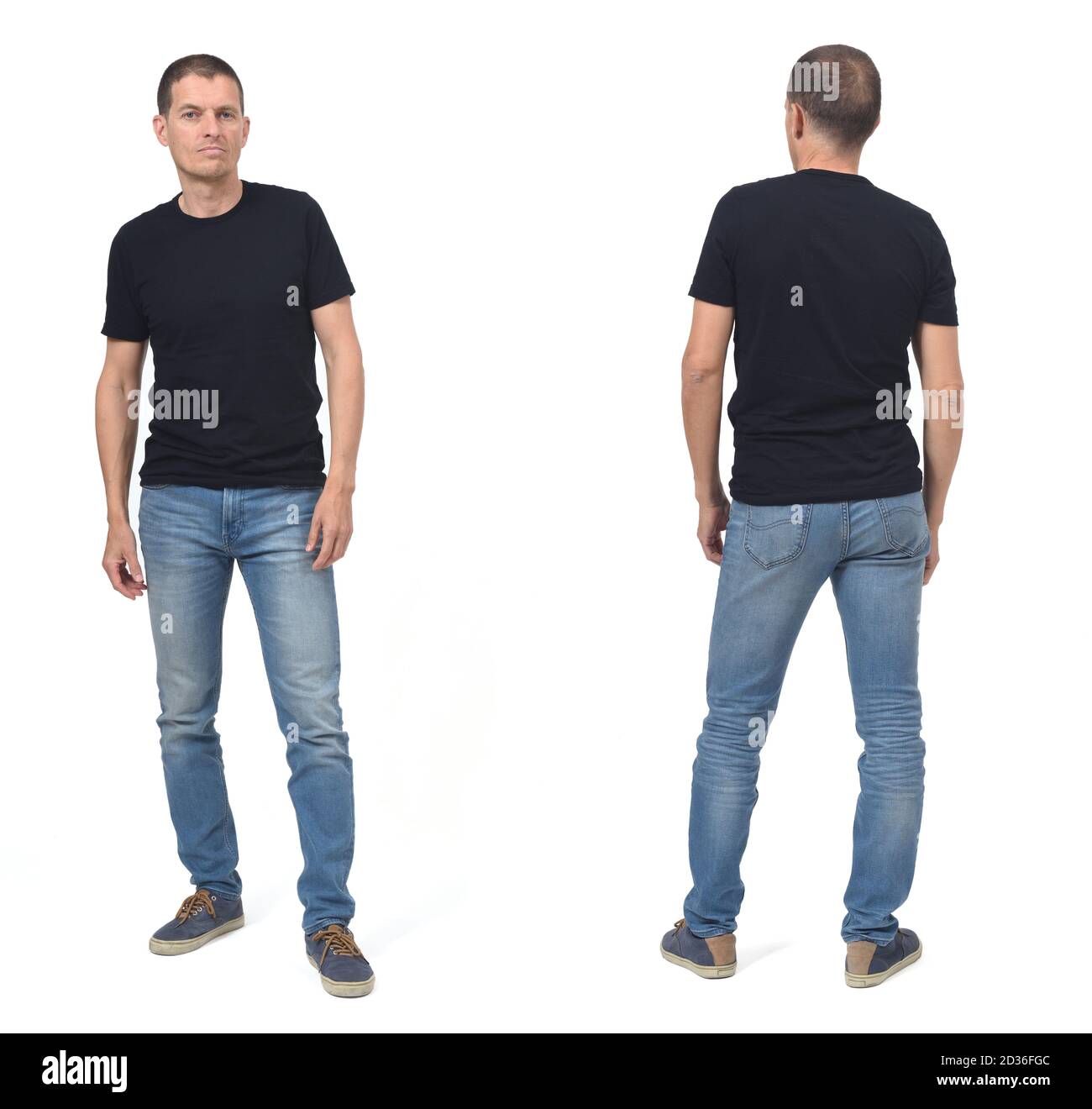 portrait of man standing of a front and back on white background Stock ...