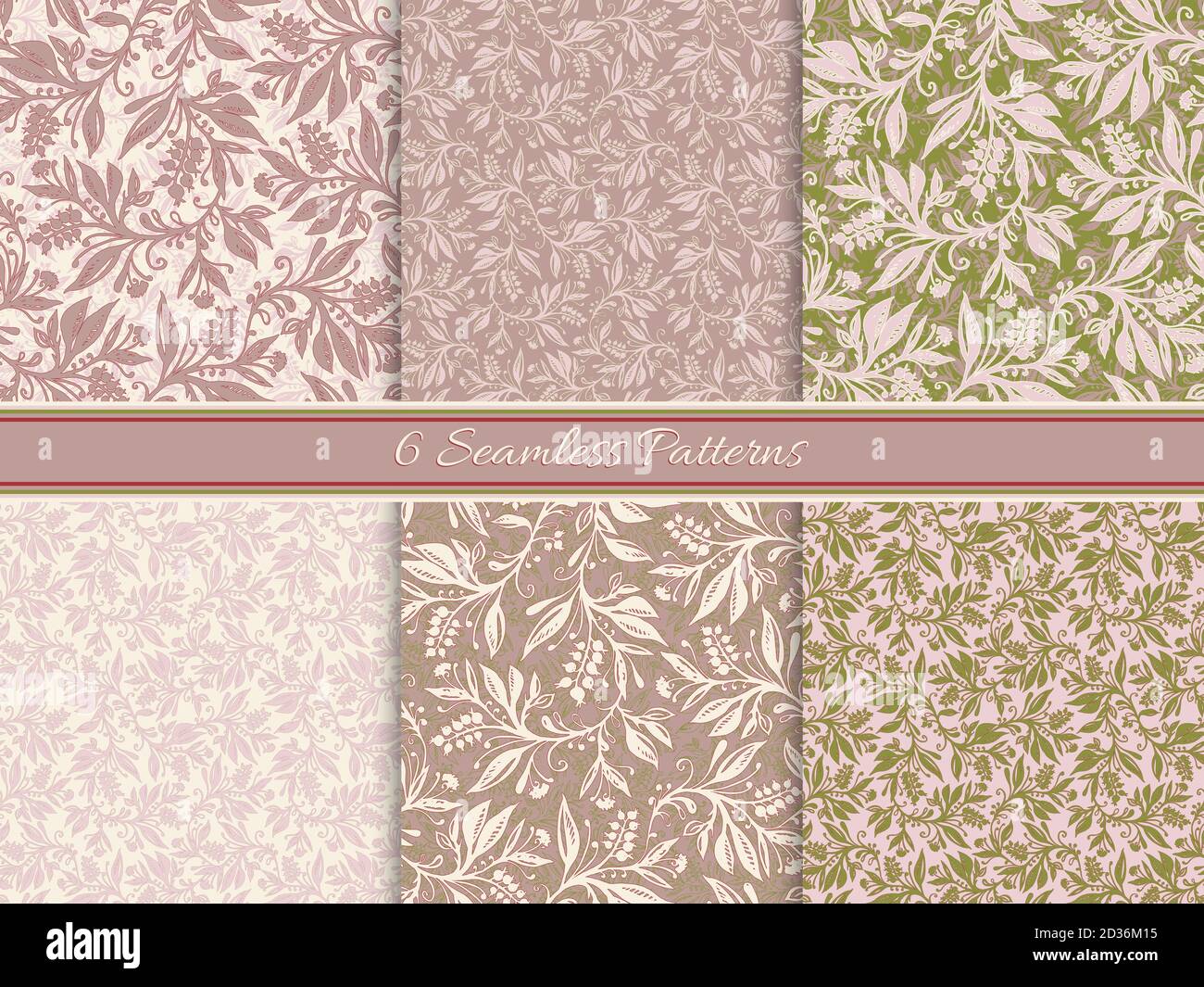 Set of 6 Floral seamless patterns with leaves and berries in chartreuse ...