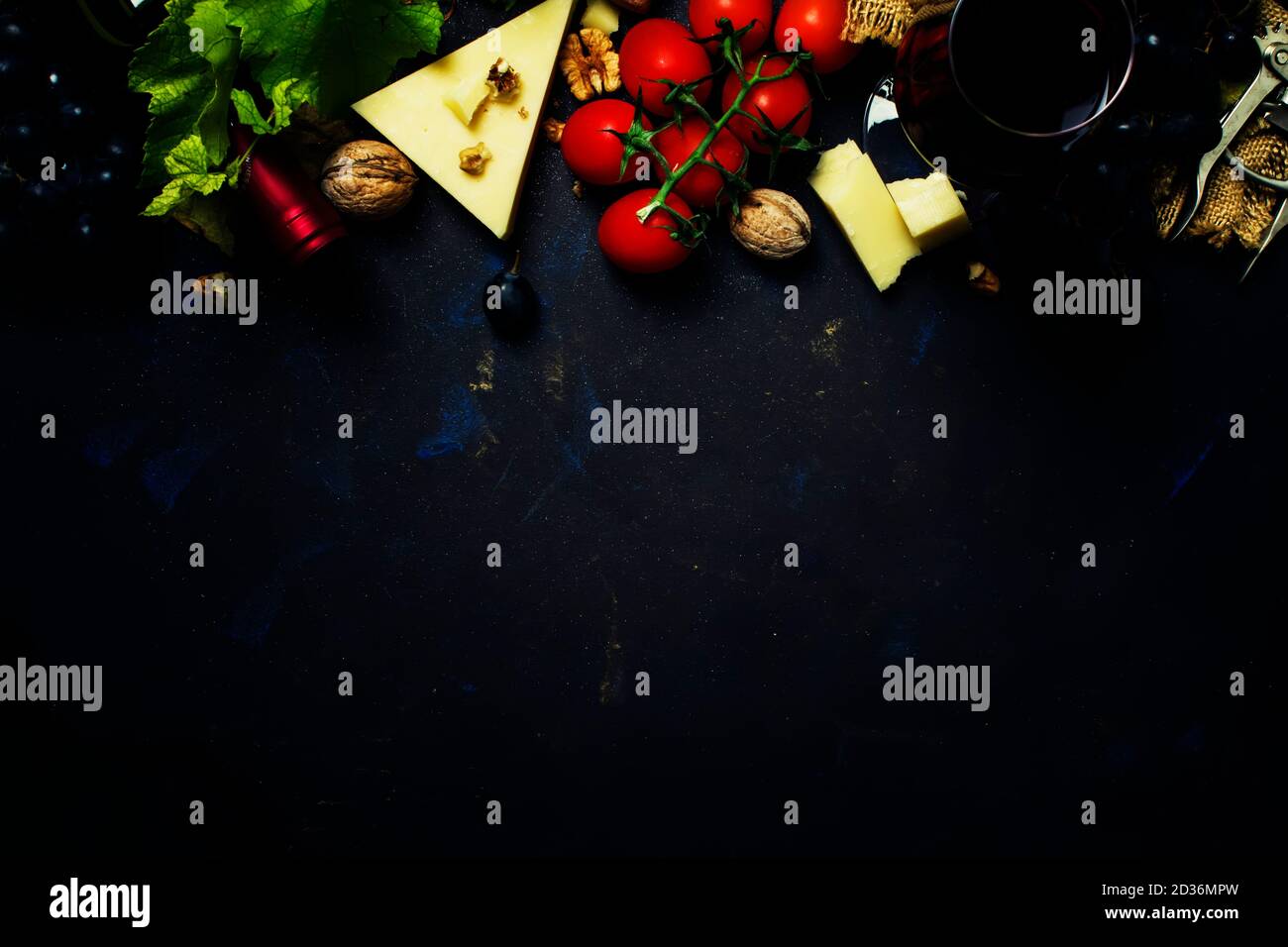 Red wine and snacks, Italian food, top view Stock Photo - Alamy