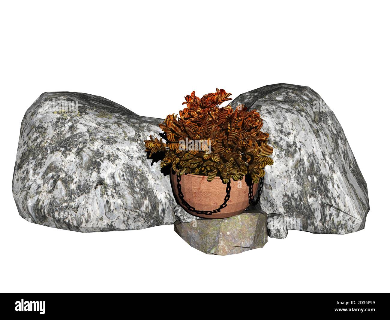 Rock with flower pot and plants in the rock garden Stock Photo - Alamy