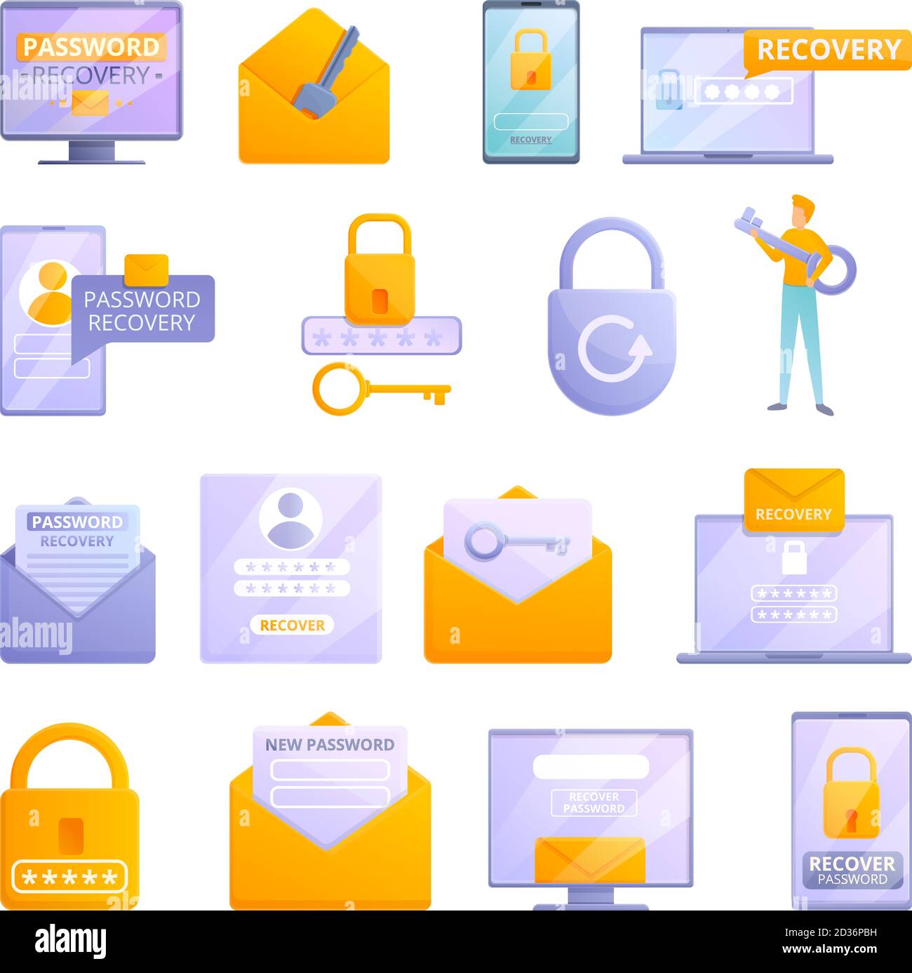 Password recovery icons set. Cartoon set of password recovery vector icons for web design Stock ...