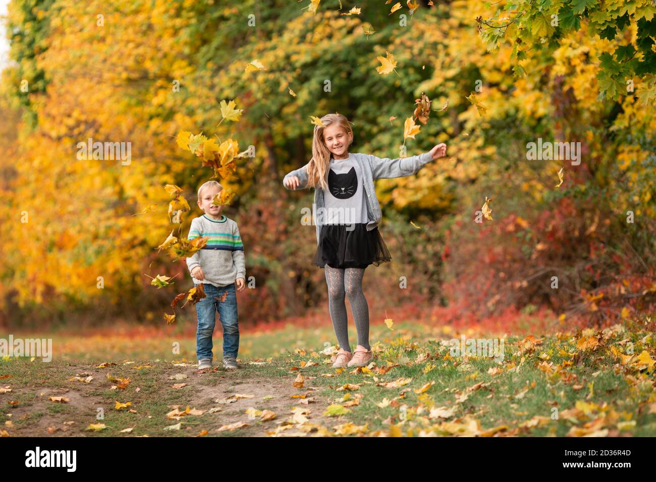 Happy little kids jumping with autumn leaves in the park outdoor Stock ...