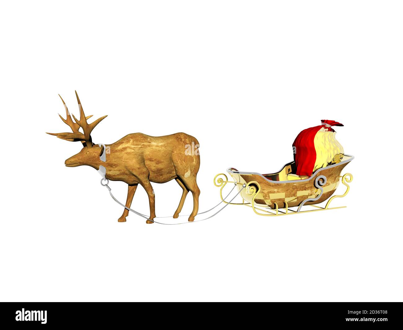 Reindeer pulls sleigh with a bag of presents Stock Photo - Alamy