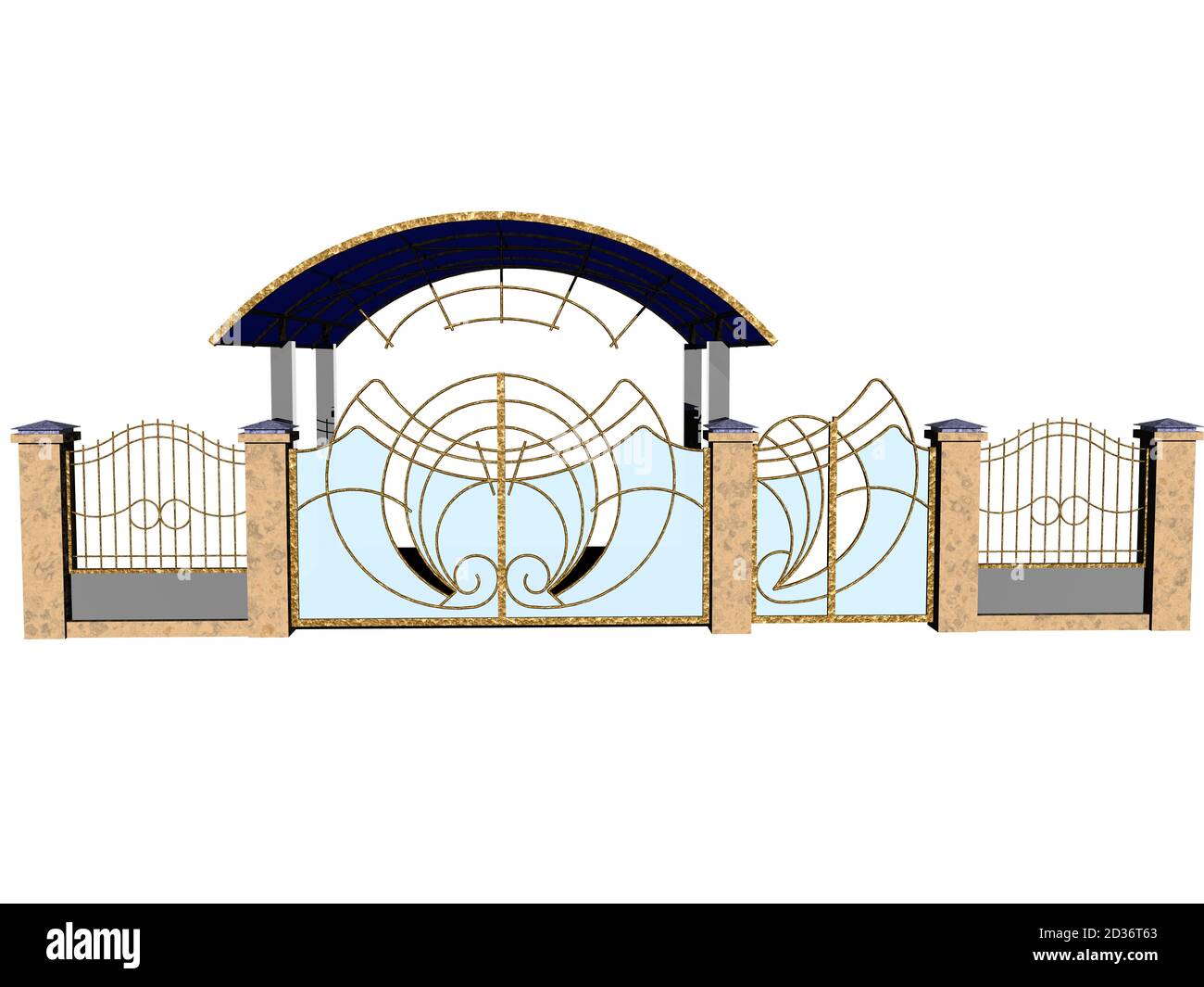 Wrought iron fence with gate and canopy Stock Photo - Alamy