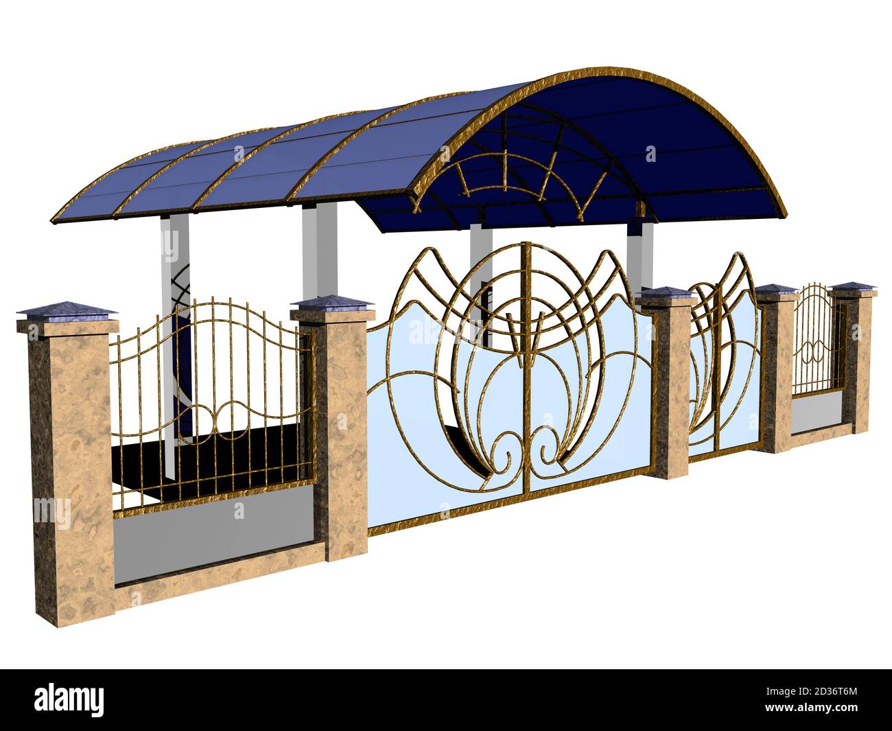 Wrought iron fence with gate and canopy Stock Photo - Alamy