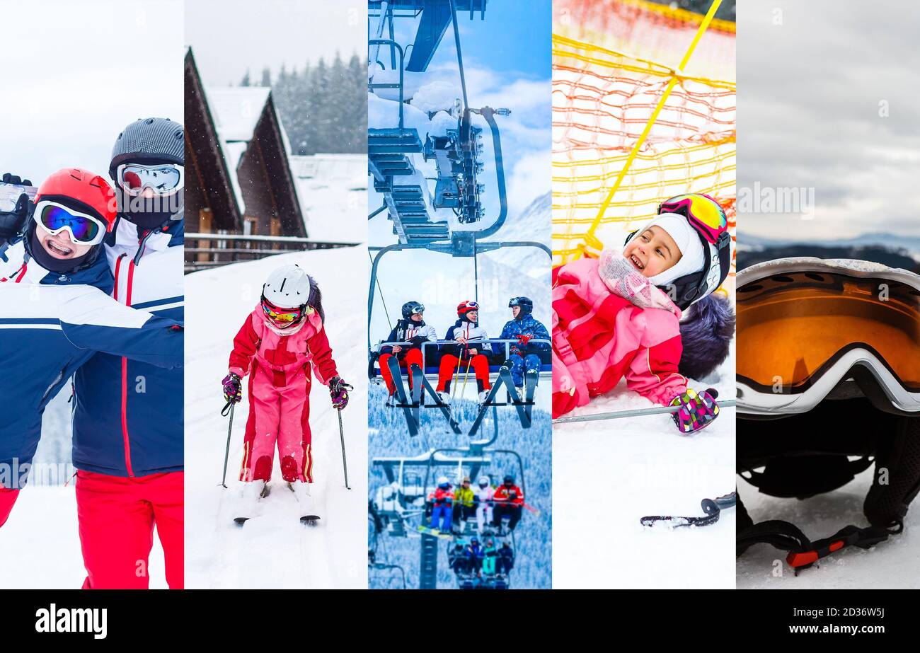 Stack of mountains ski images, nature and sport background Stock Photo ...
