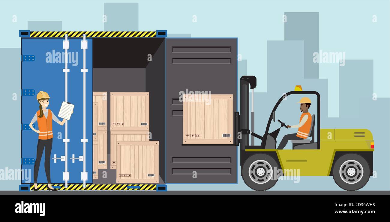 Forklift working with cargo container and product wooden boxes Stock ...