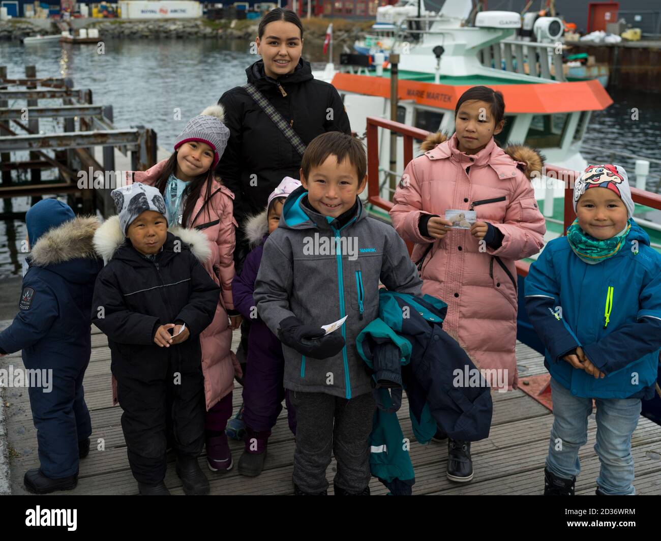 Inuit children on a boardwalk, Nuuk, Sermersooq, Greenland Stock Photo ...