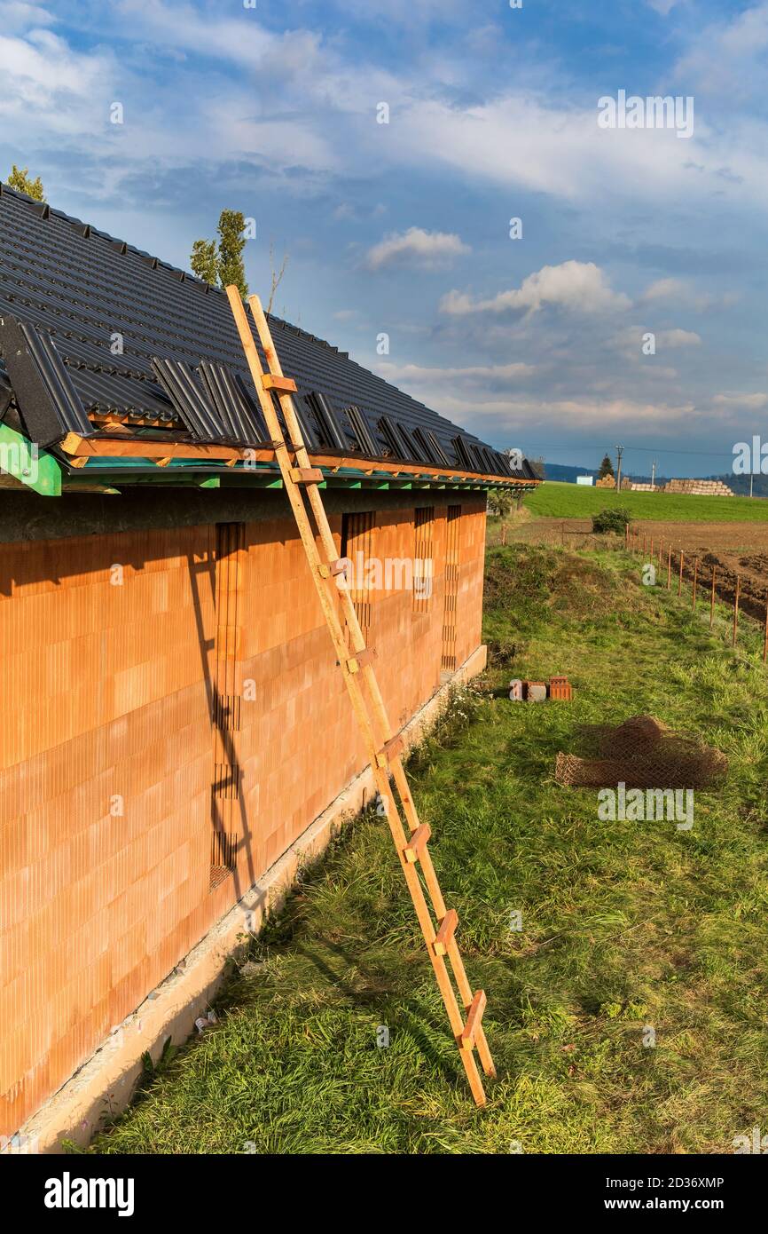 Construction of a family house in the village. Empty construction site ...