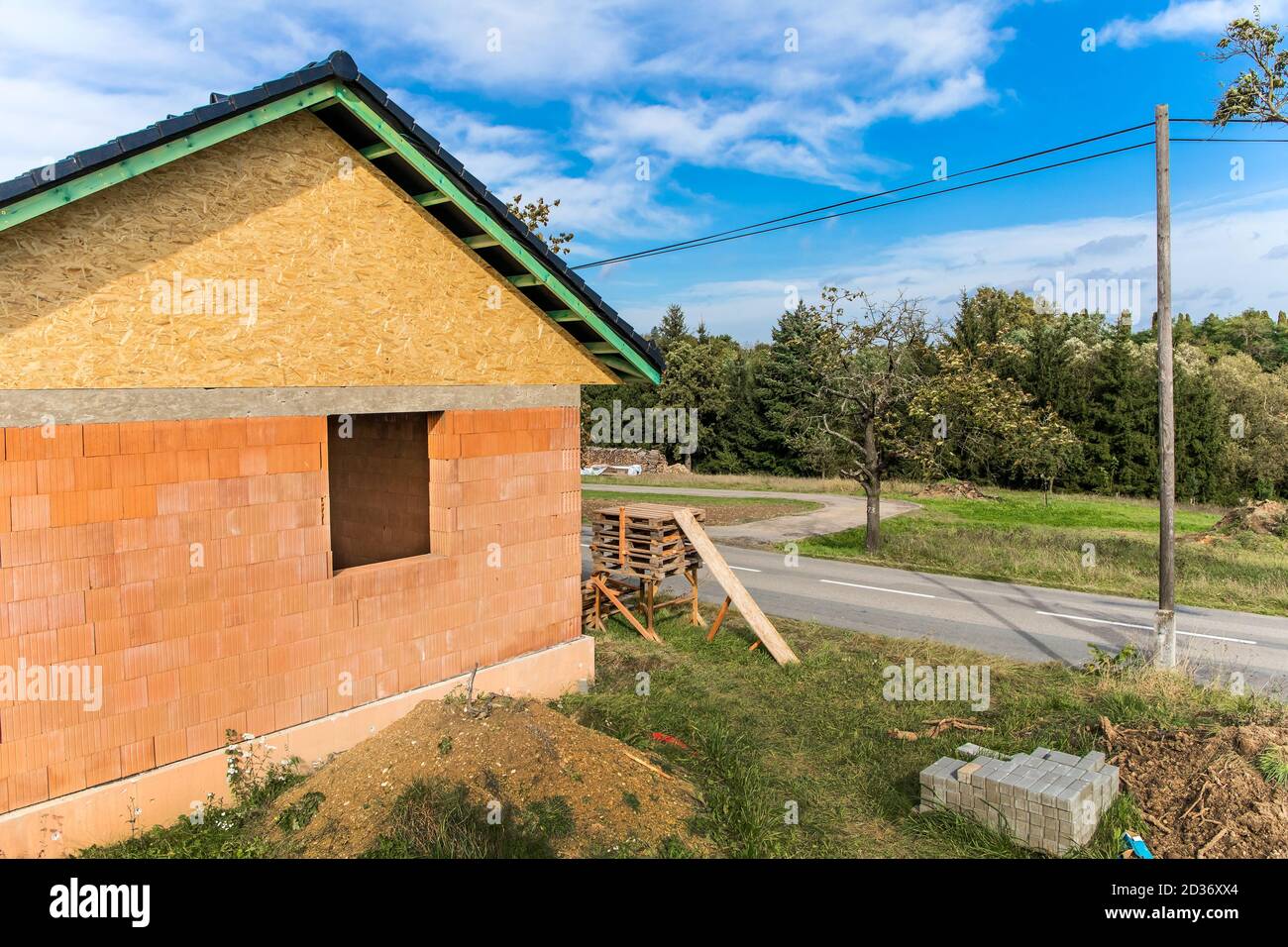 Construction of a family house in the village. Empty construction site ...