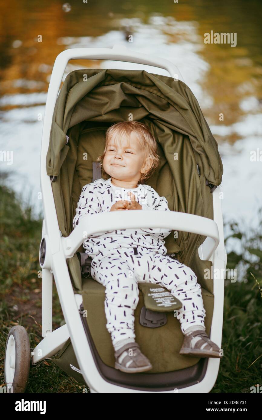 Cute healthy little boy sitting in a stroller and waiting for his ...