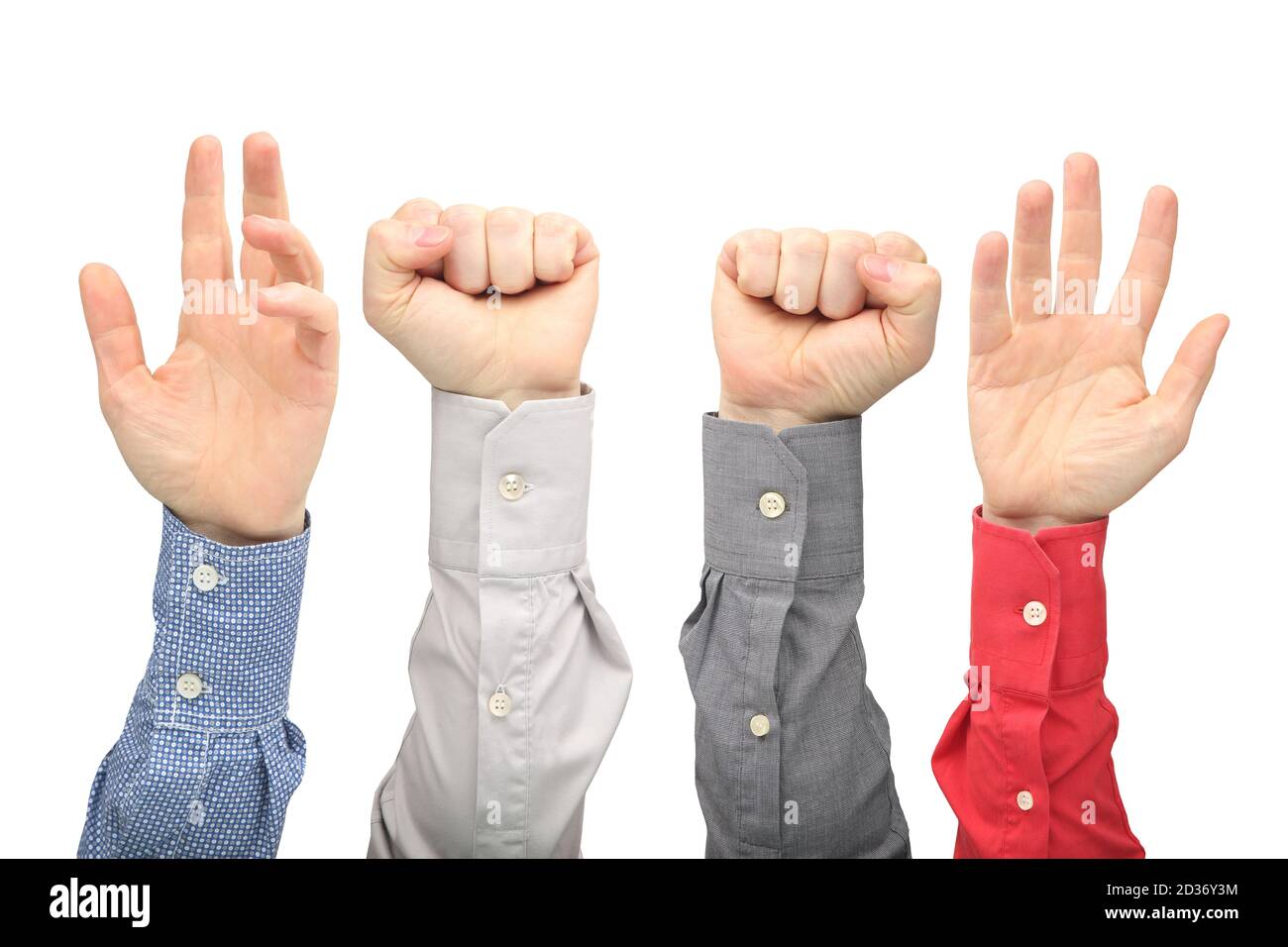 Raised hands of different men on white background Stock Photo - Alamy