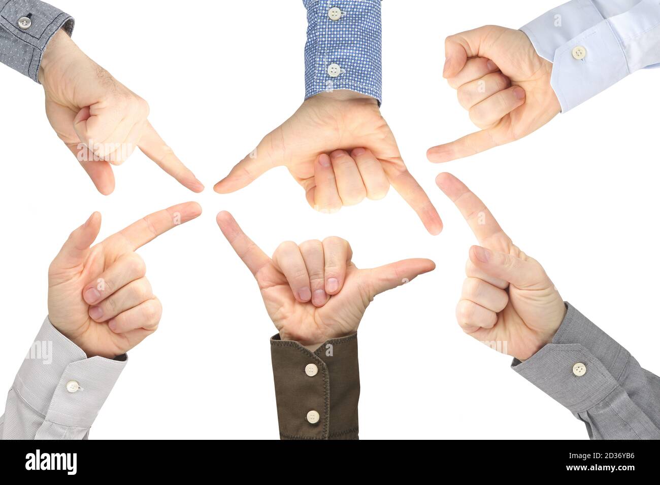 Various gestures of male hands between each other on a white background ...