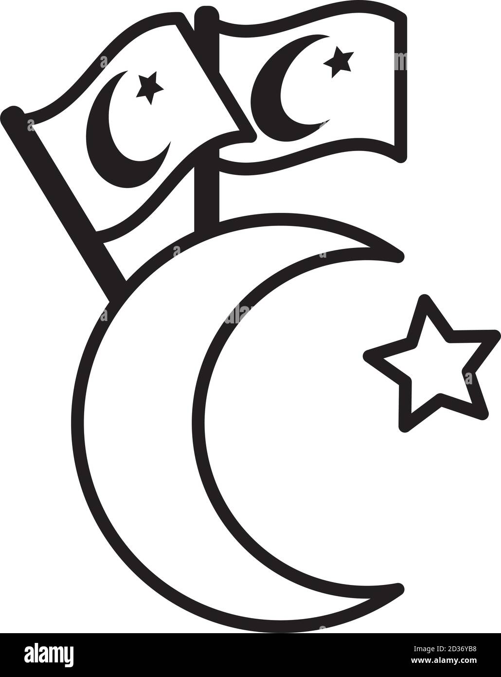 crescent moon with turkey flags over white background, line style ...