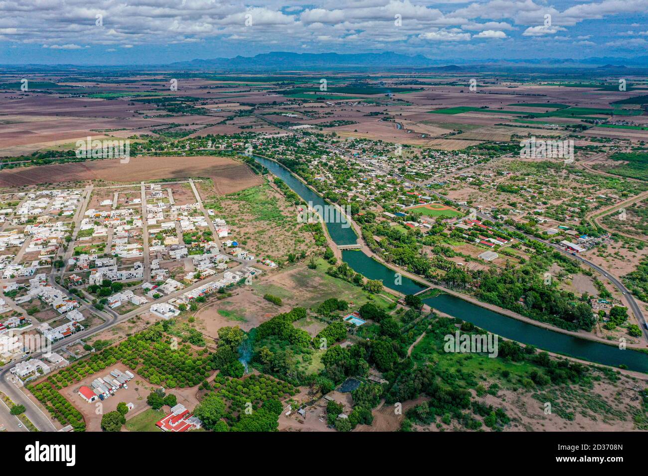Aerial view of the Yaqui Valley, irrigation district, ejido on the ...