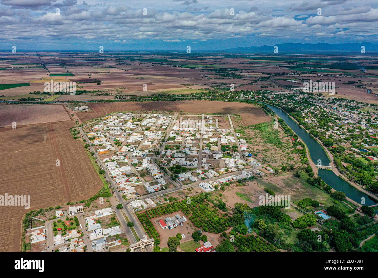 Aerial view of the Yaqui Valley, irrigation district, ejido on the ...